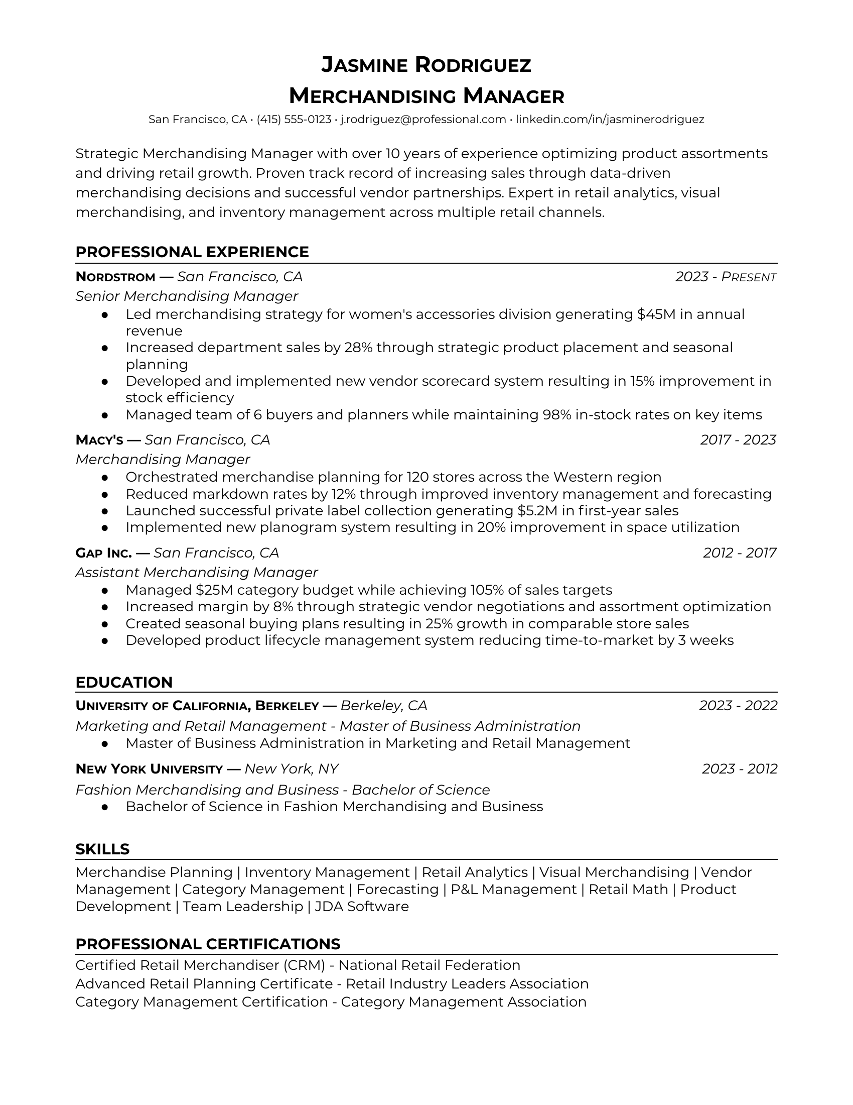 Merchandising Manager in Sales & Marketing Resume Examples & Tips for ...